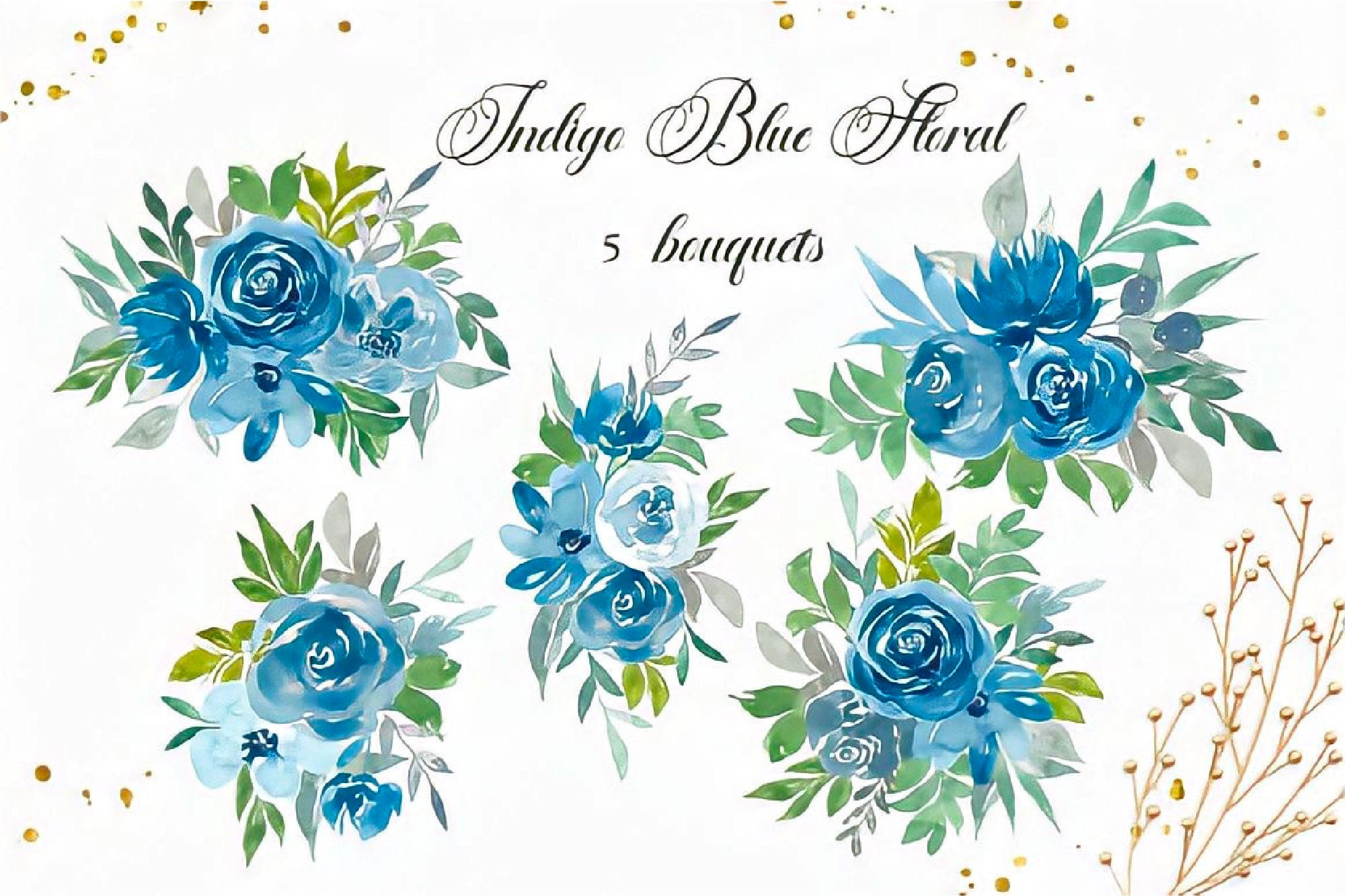 Indigo Blue Watercolor Floral Clipart, Wedding Invitations, Card Making ...