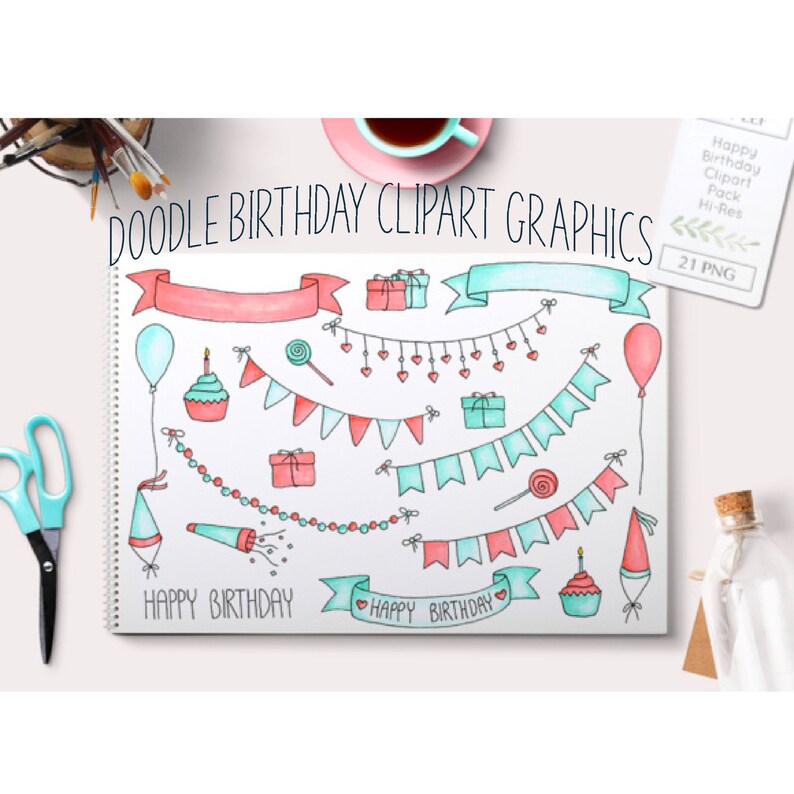 Doodle Birthday Clipart Graphics, Doodle Clipart, Card Making Clipart ...