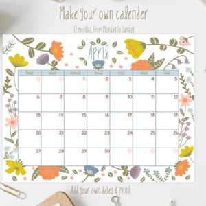 Monthly Calendar Floral Blank Template Printable Organizer Printable ...