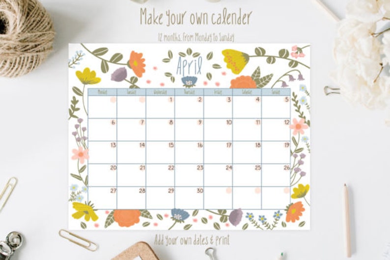 Floral Monthly Calendar Printable, Blank Template (PDF) - Etsy
