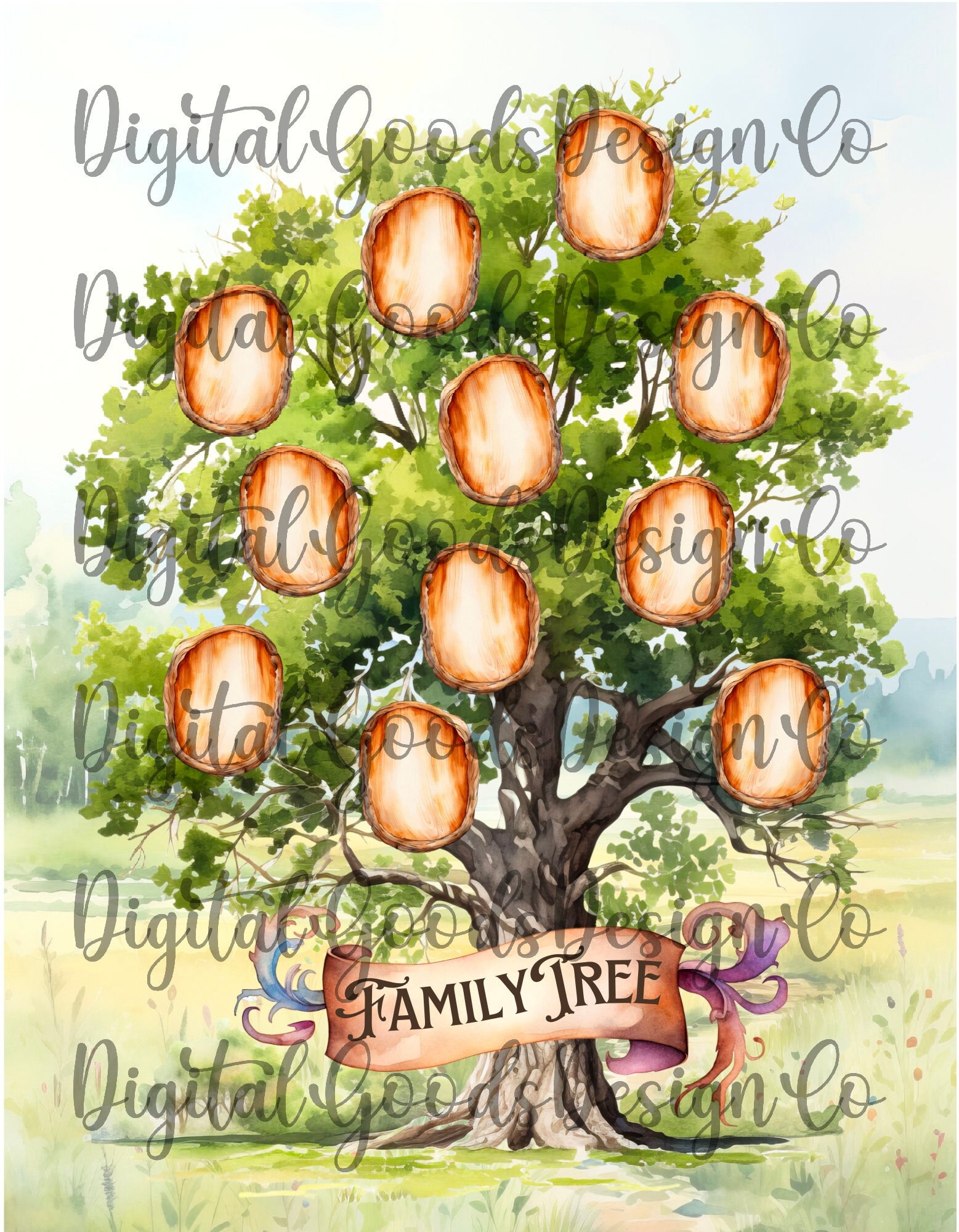 Watercolor Family Tree Print Printable PNG Family Tree Wall Art Custom ...