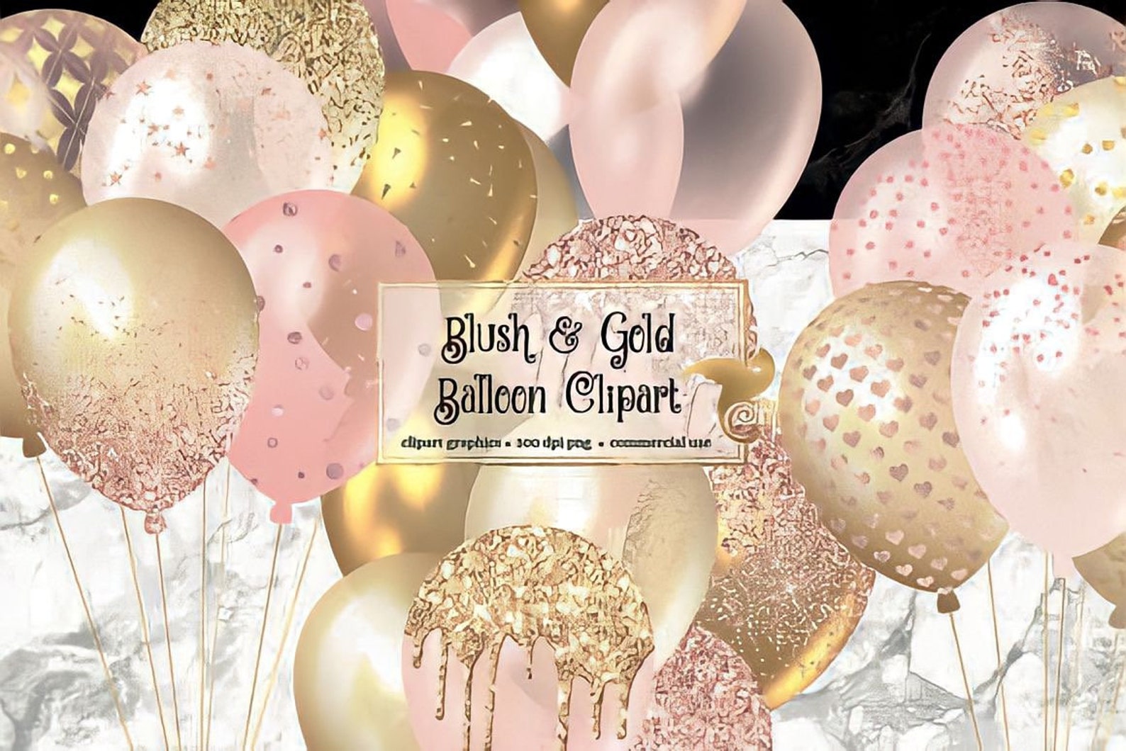 Blush and Gold Balloons Clipart Gold Glitter Balloons Confetti Balloons ...