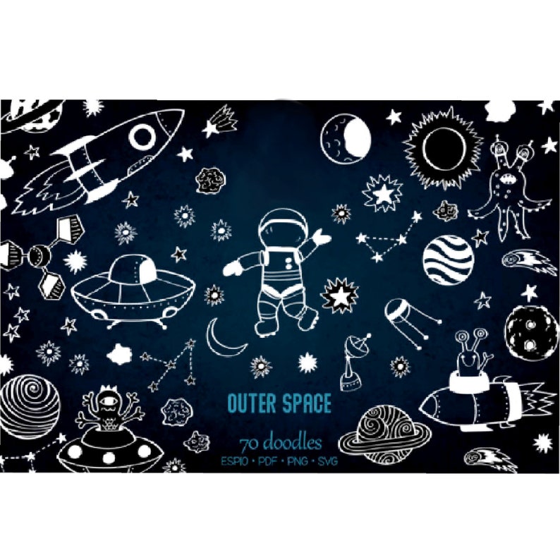 Outer Space White Planet Astronaut Clipart Doodles Galaxy Digital ...