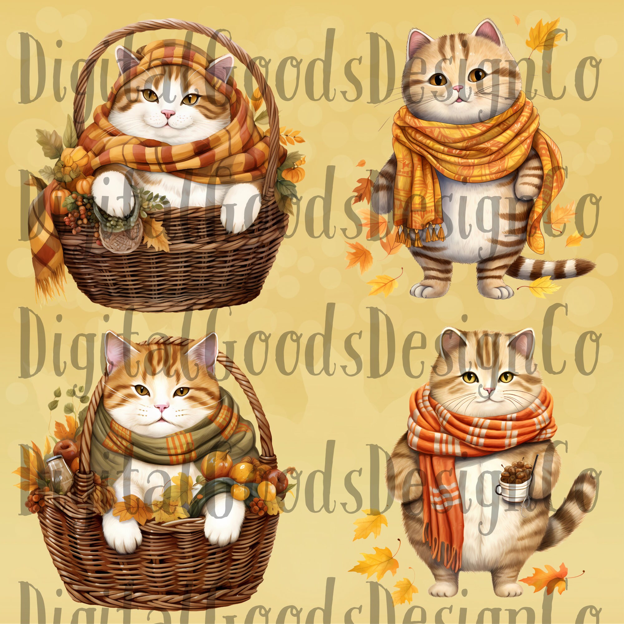 Adorable Autumn Cat Clipart With Scarves Whimsical Fall Cubby Cat ...
