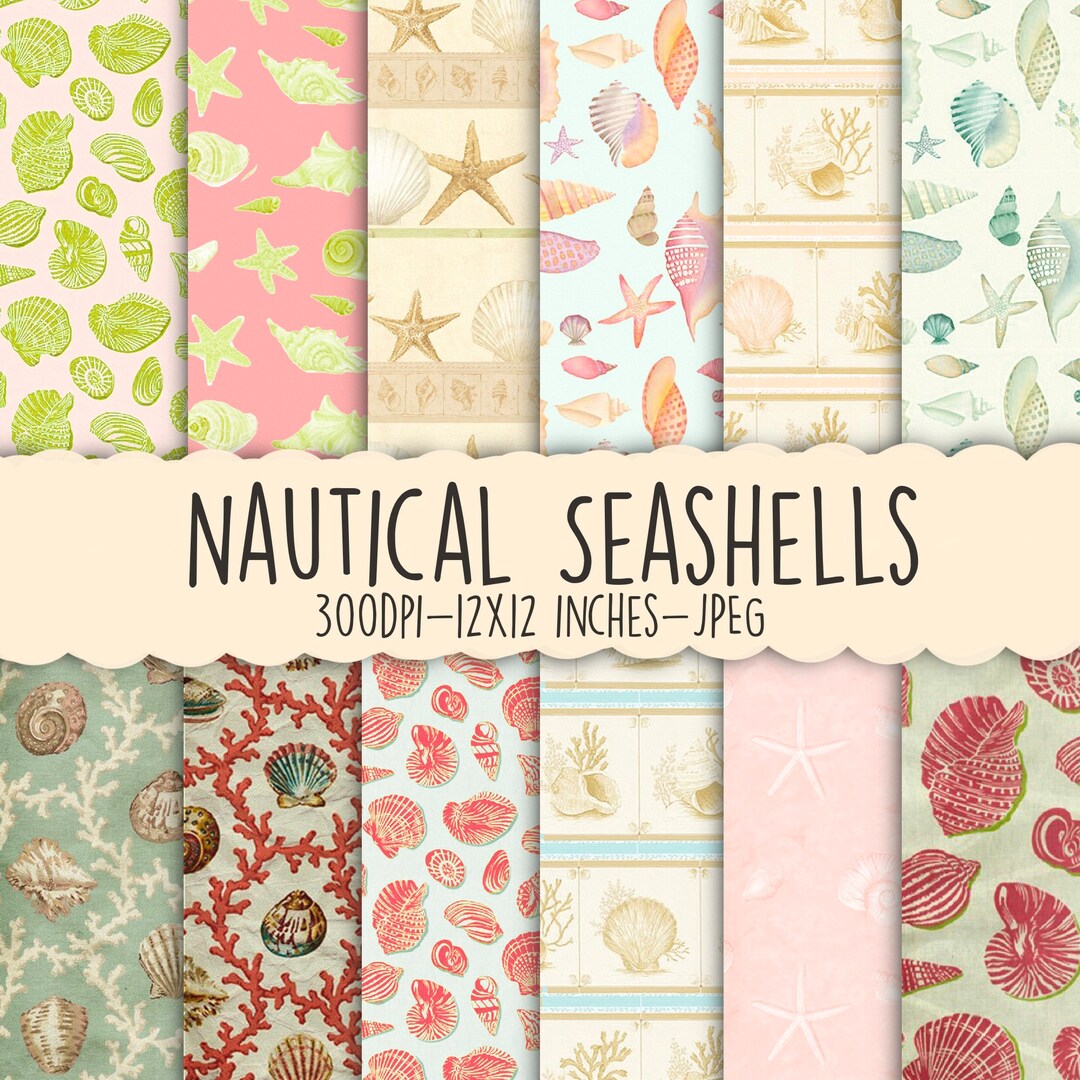 Nautical Theme Digital Paper Download Beach Seashells Scrapbook Paper ...