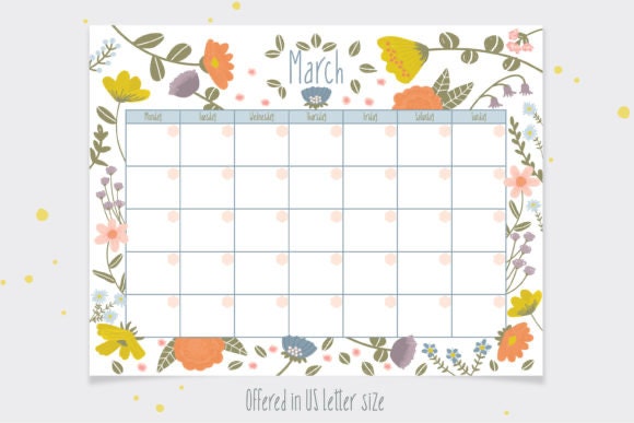 Monthly Calendar Floral Blank Template Printable Organizer Printable ...