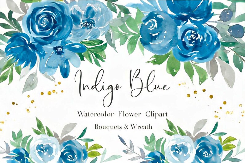 Indigo Blue Watercolor Floral Clipart, Wedding Invitations, Card Making ...