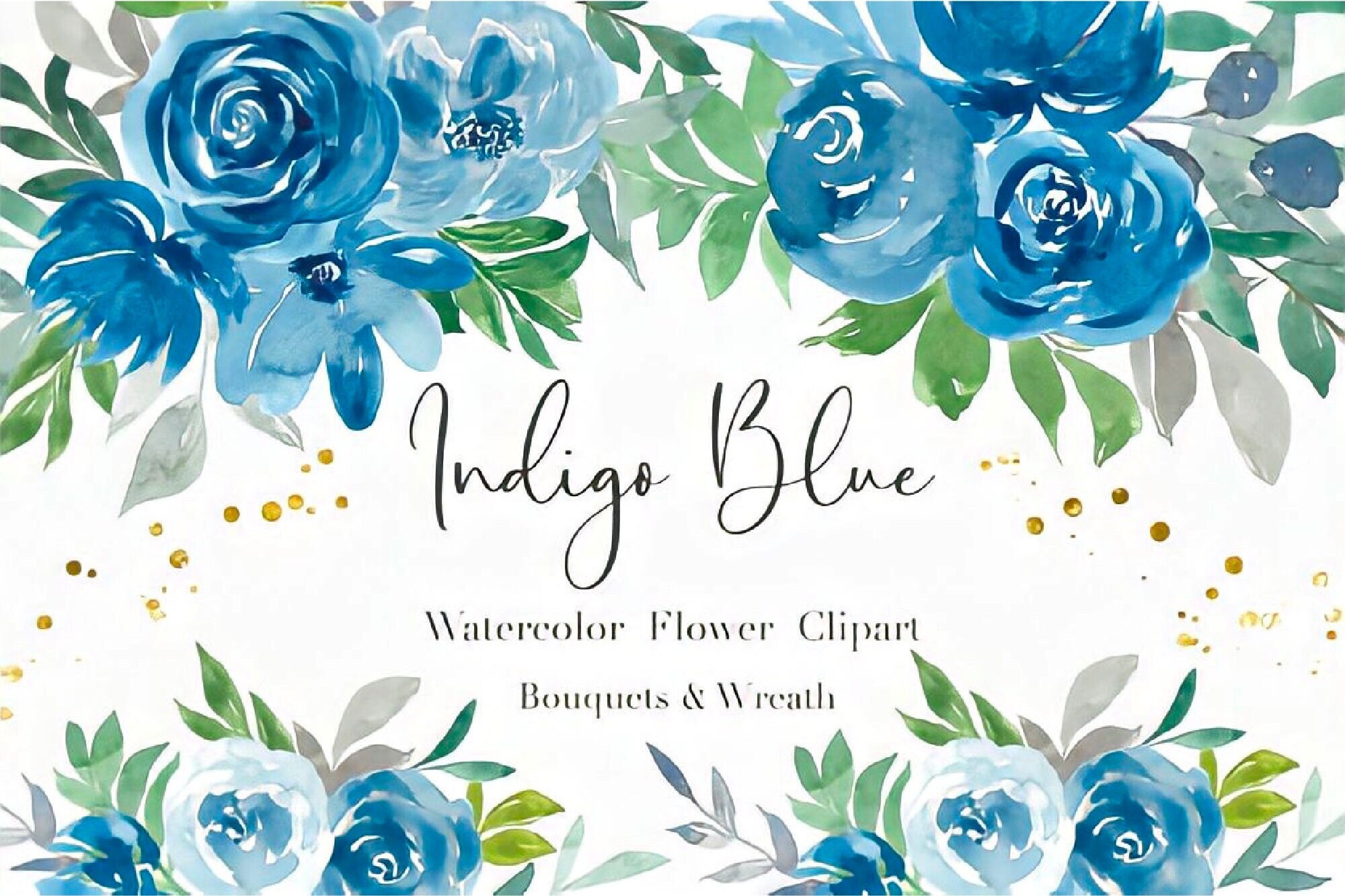 Indigo Blue Watercolor Floral Clipart, Wedding Invitations, Card Making ...
