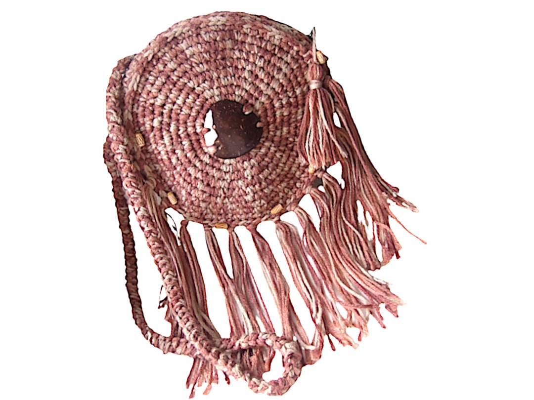 Round Shoulder Bag With Large Crochet Fringes, Worn Cross-body, Round ...