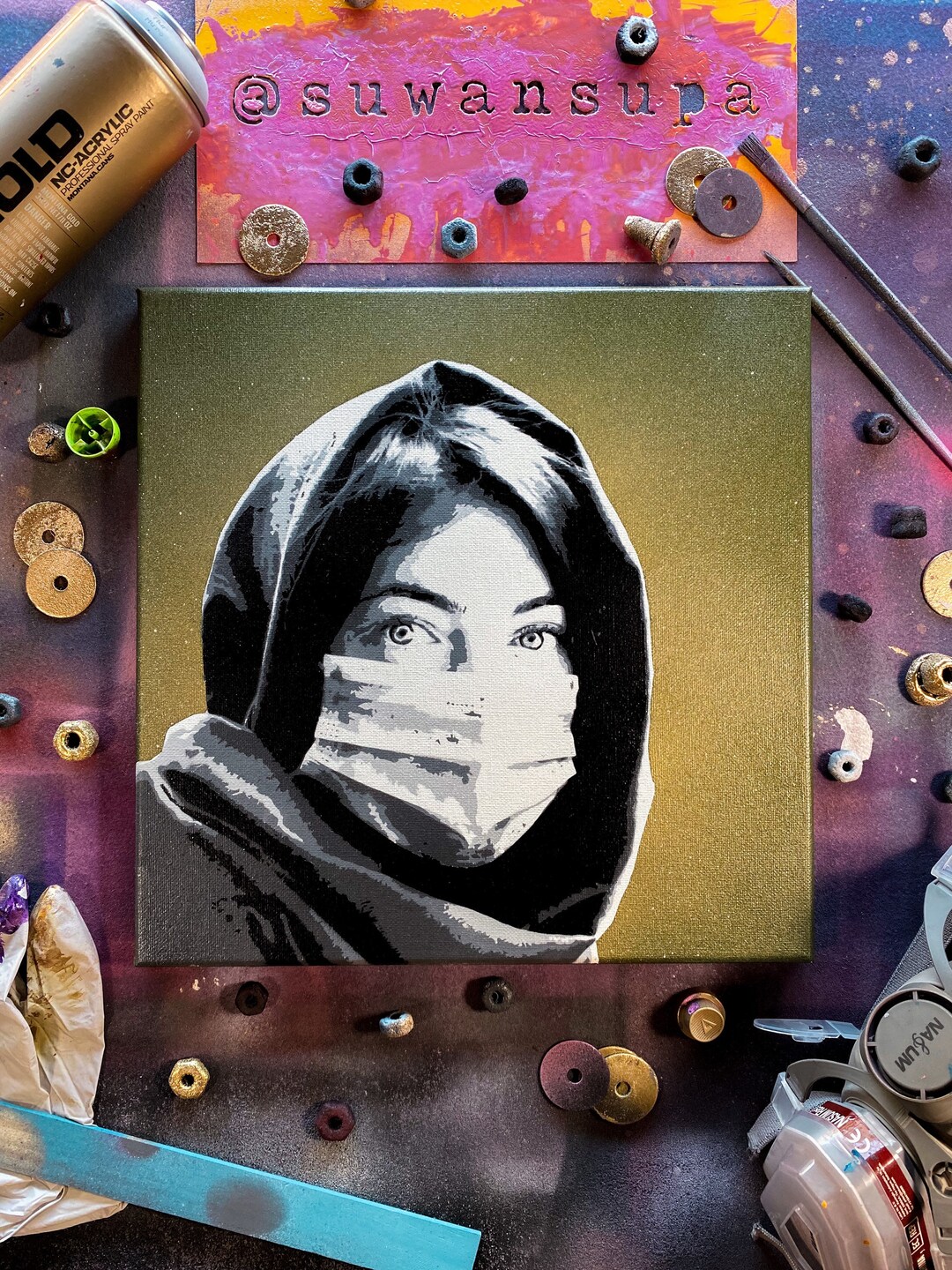 Masked Woman Portrait / Spray Paint Painting / Stencil Art / 2020 - Etsy