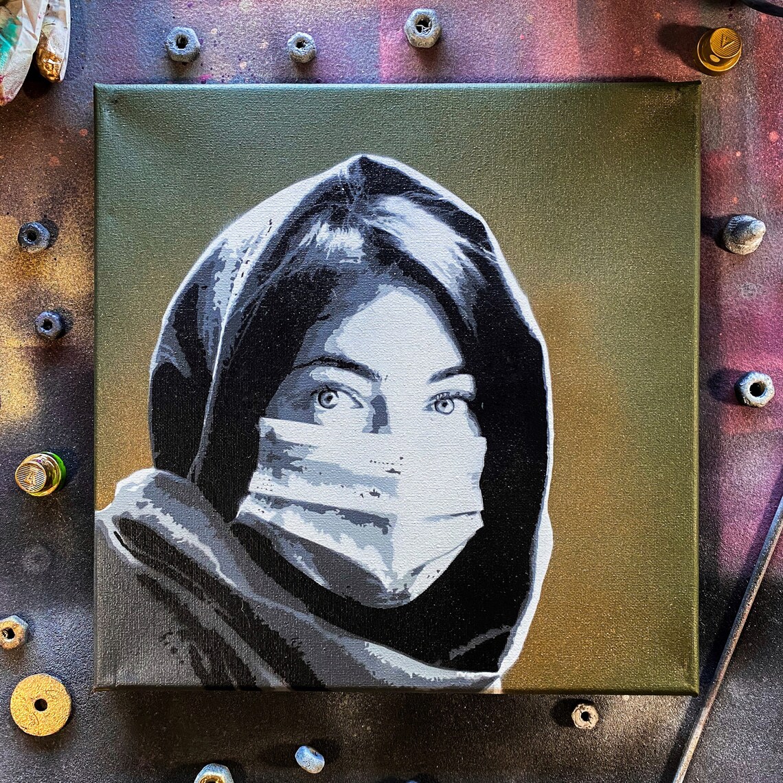 Masked Woman Portrait / Spray Paint Painting / Stencil Art / 2020 - Etsy