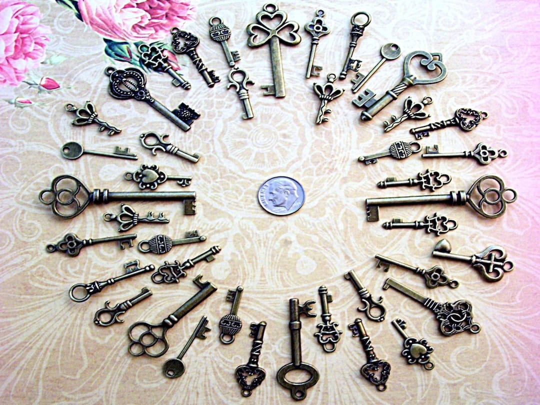 Replica Old Keys Silver & Brass Steampunk Skeleton Charms Jewelry ...