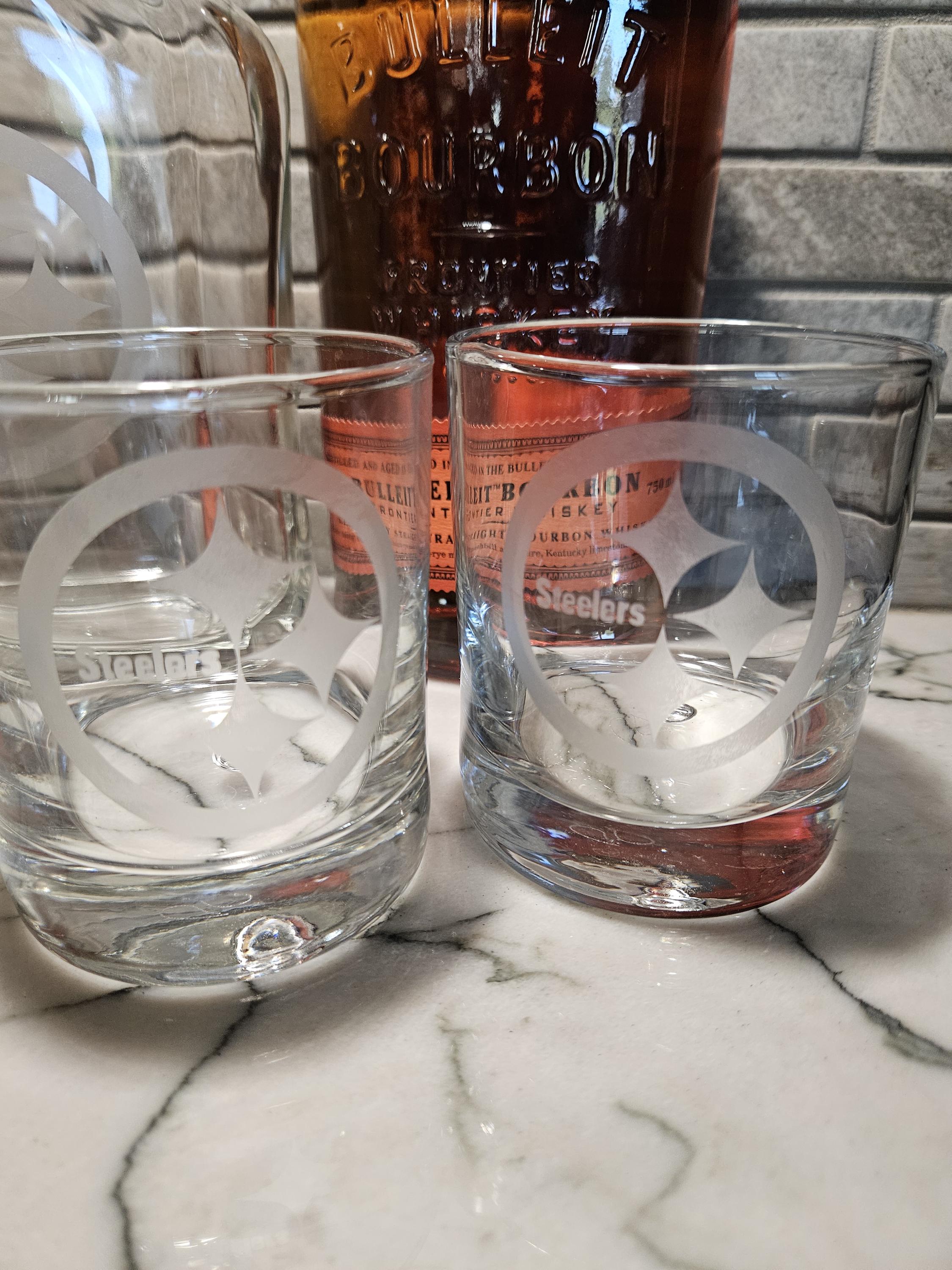Steelers - Etched Rocks Glasses - Decanter - Sports - Hobbies - Whiskey ...