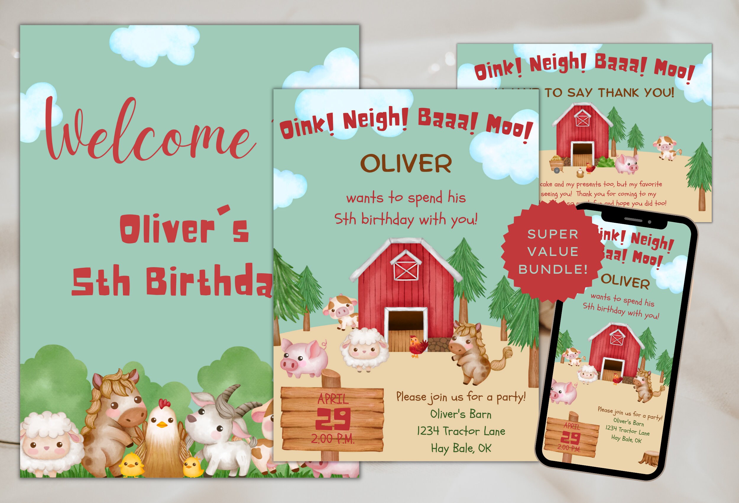 Farm Animal Birthday Invitation, Editable Invitation, Instant Download ...
