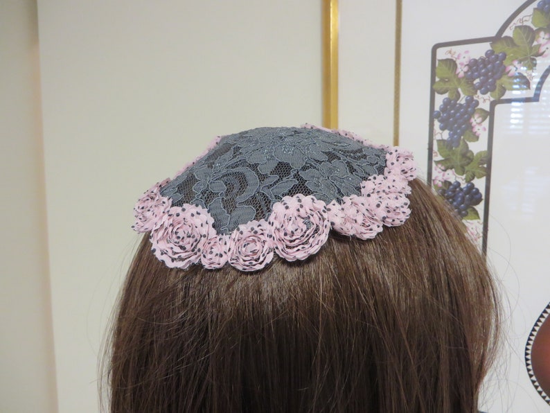 Handmade Dark Grey Lace Doily Head Cover With Light Pink Polka Dot ...