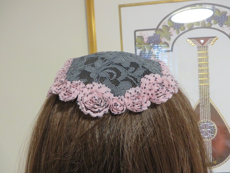 Handmade Dark Grey Lace Doily Head Cover With Light Pink Polka Dot ...