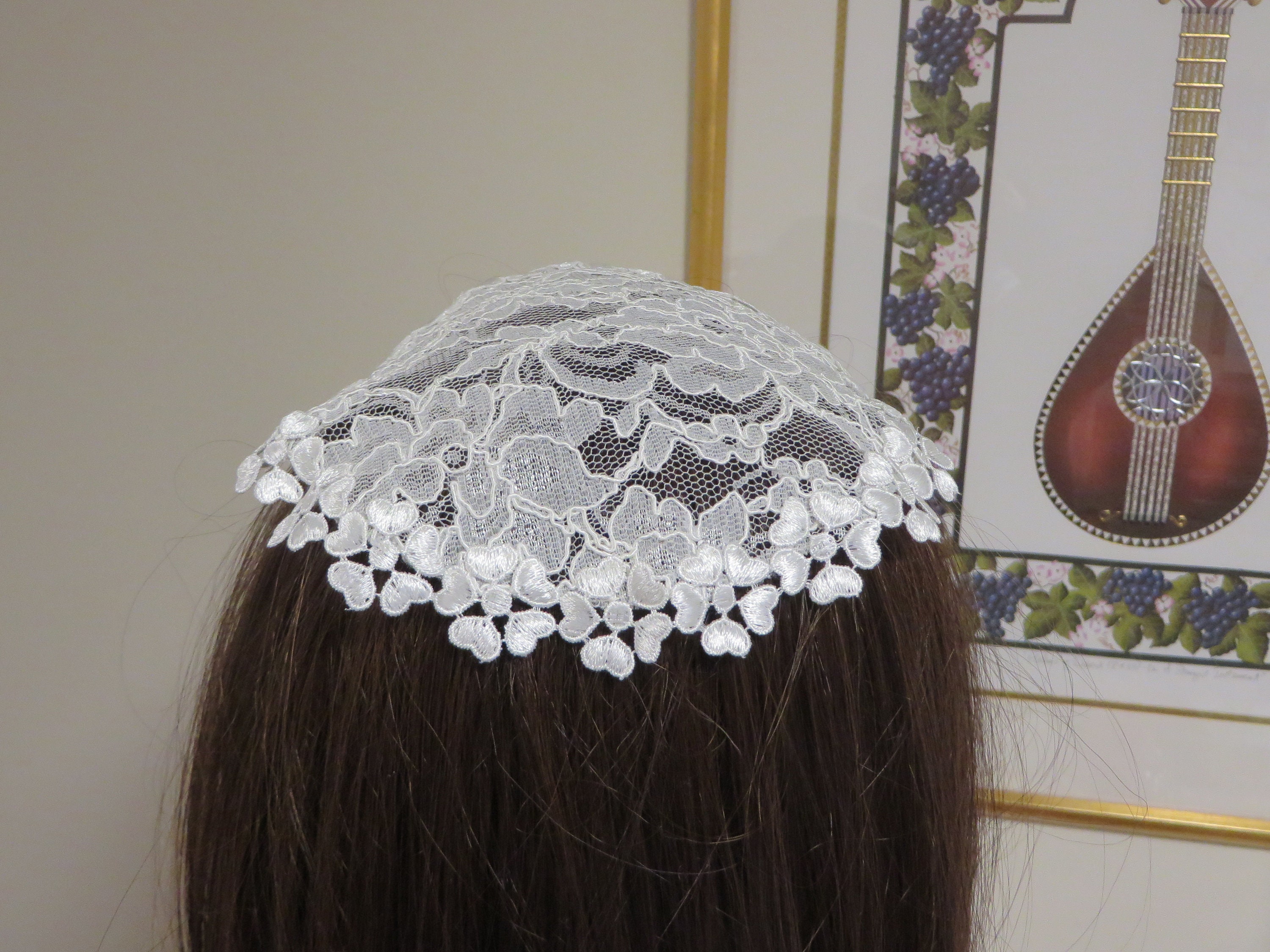Handmade Cream Lace Doily Head Cover With Elegant Heart Trim Veil (with ...