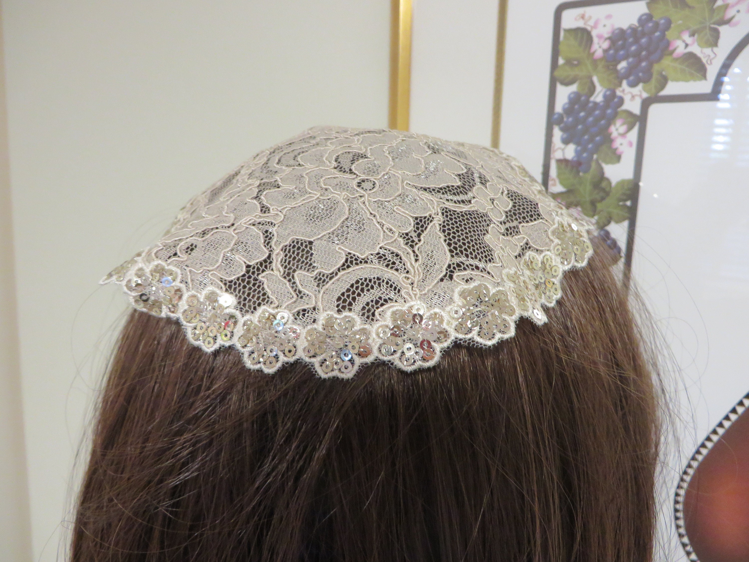 Handmade Tan Lace Doily Head Cover With Gold Sequins Trim Hair - Etsy
