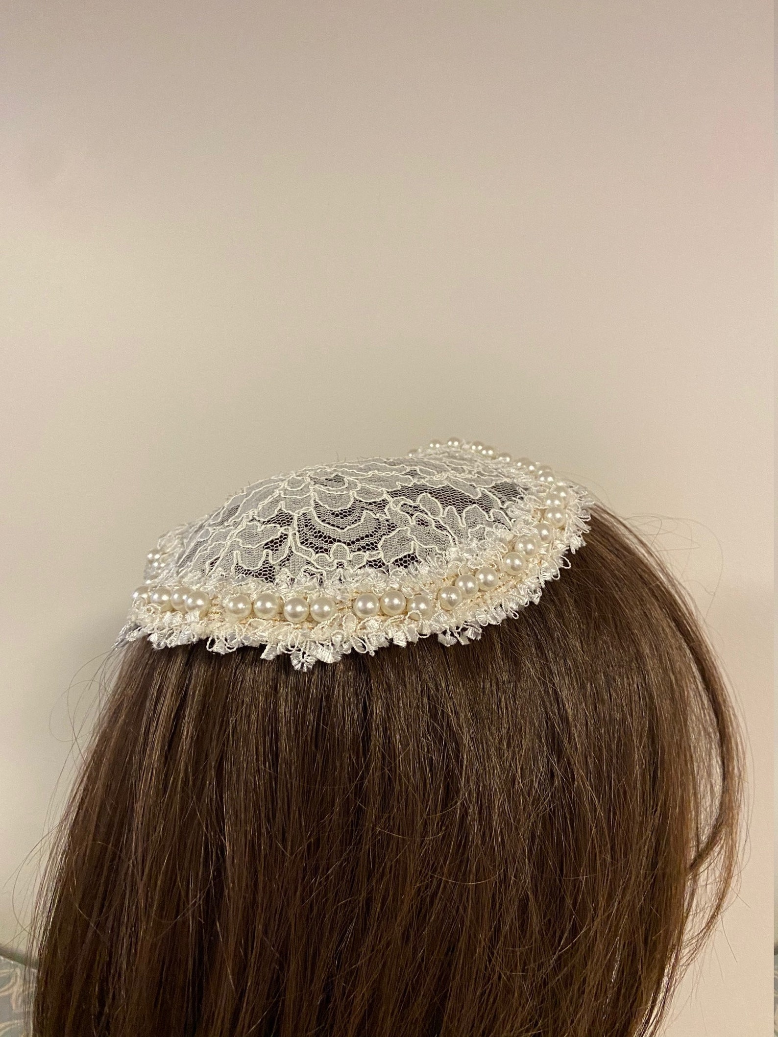 Handmade Cream Lace Doily Head Cover With Pearl Fringe Kippah (and ...