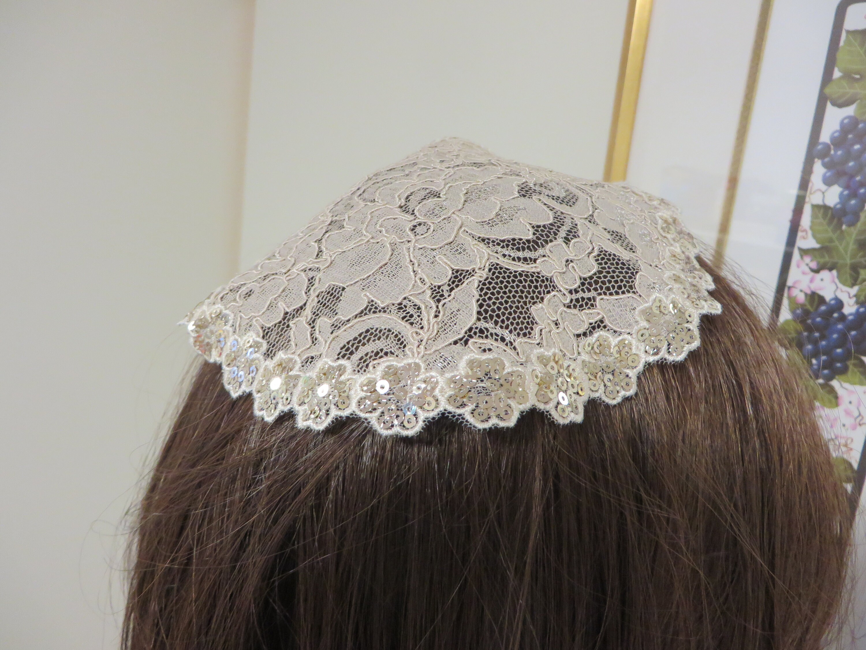 Handmade Tan Lace Doily Head Cover With Gold Sequins Trim Hair - Etsy