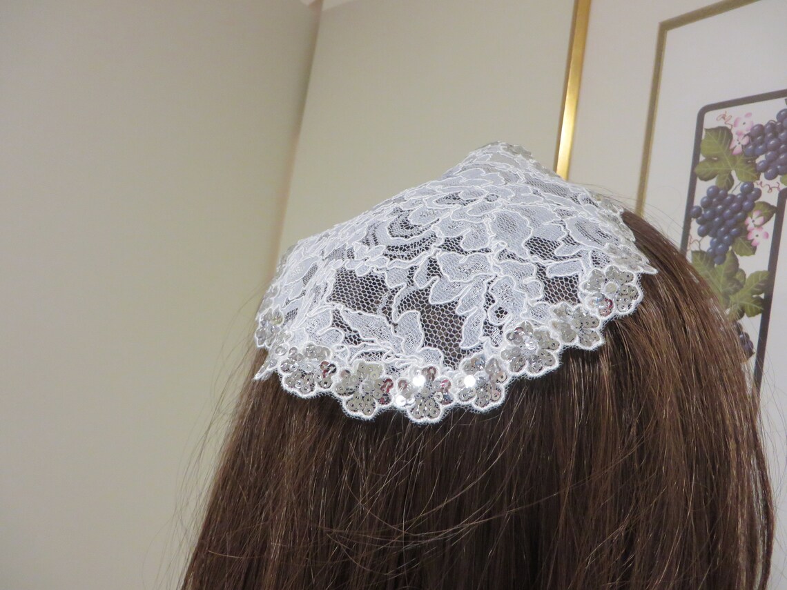 Handmade White Lace Doily Head Cover Silver Sequins Kippah Hair Cover ...