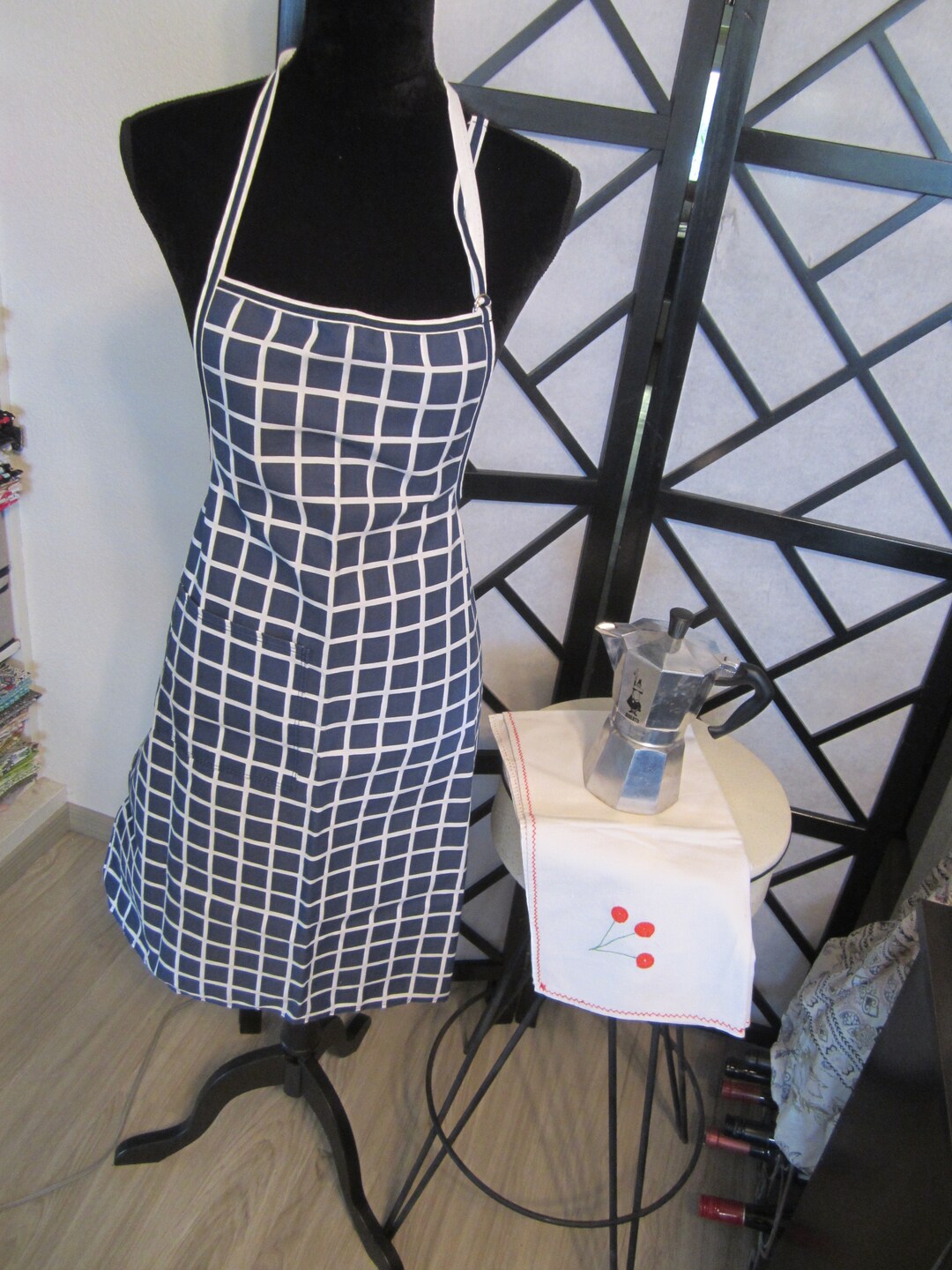 Washable Blue // White Checked 100% Cotton Full Baker's Style Apron ...