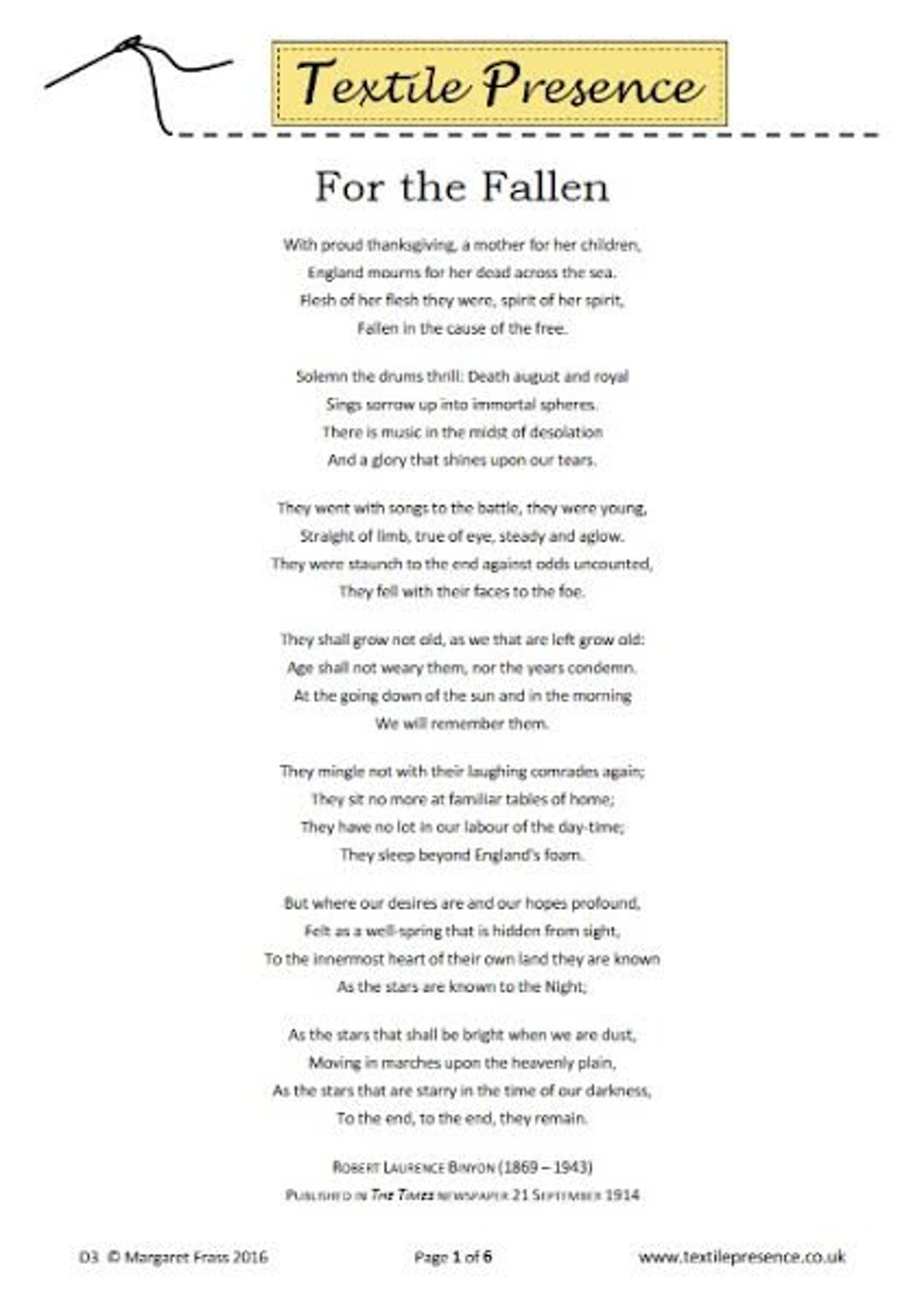 For the Fallen. the Most Famous Verse of Laurence Binyon's Poem ...