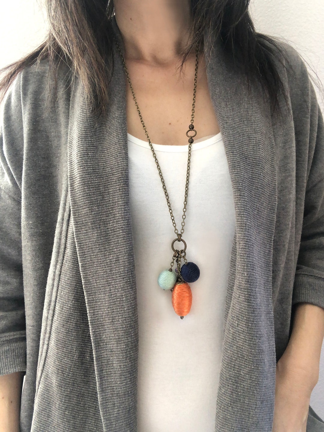 Cotton Thread Wrapped Bead Dangle Pendant Long Necklace - Orange. Soft ...