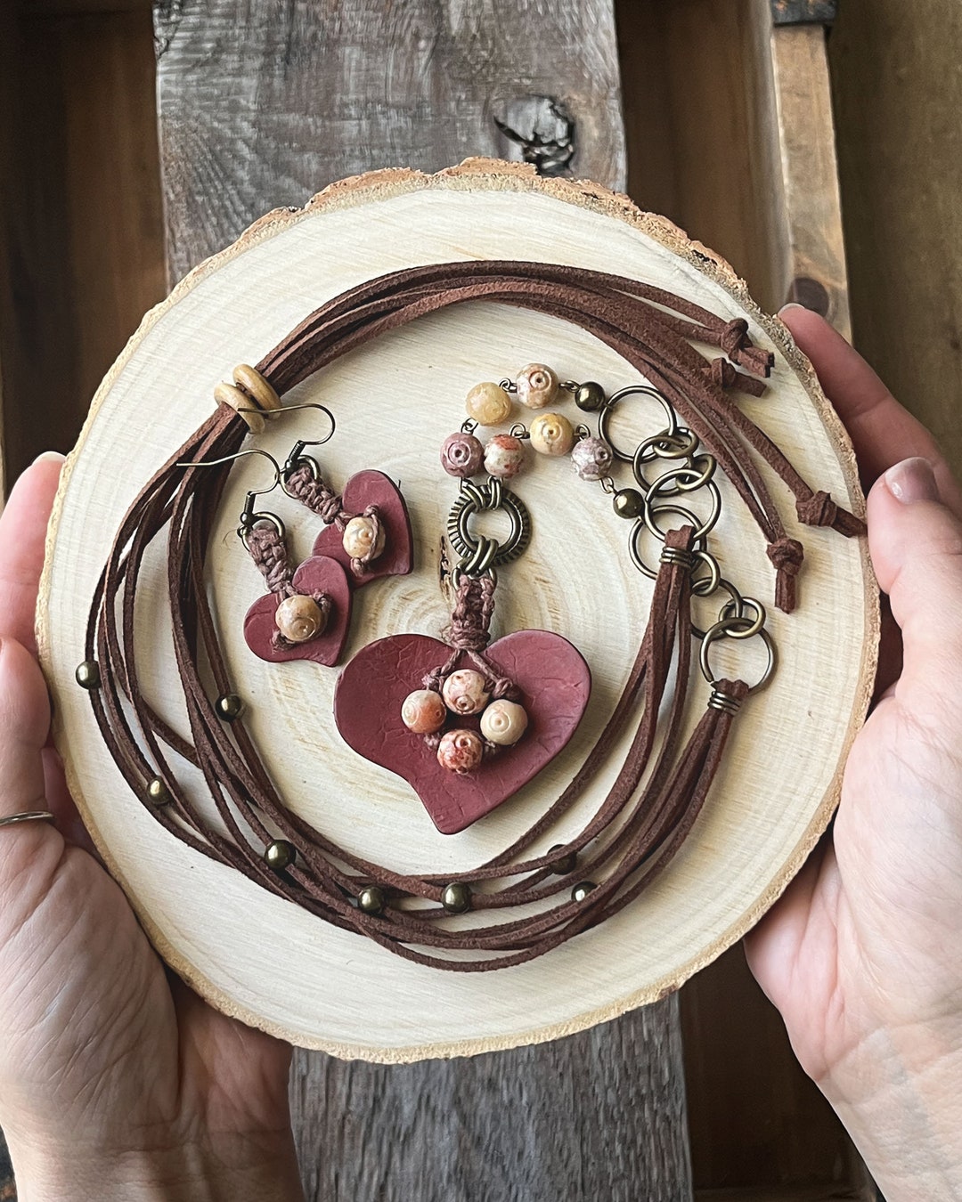 Boho Love: Heart Shaped Coconut Shell Pendant Long Necklace Earring Set ...