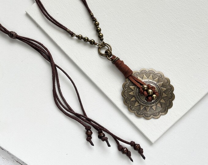 Boho Concho Style Pendant Necklace - Concho Pendant With Waxed Cotton ...