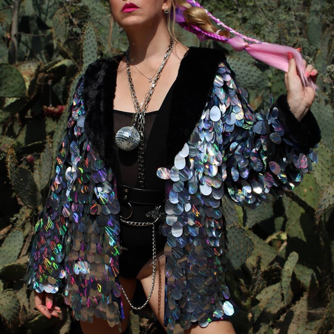 Disco Dreams Silver Iridescent Jumbo Sequin Jacket With Faux Fur Collar ...