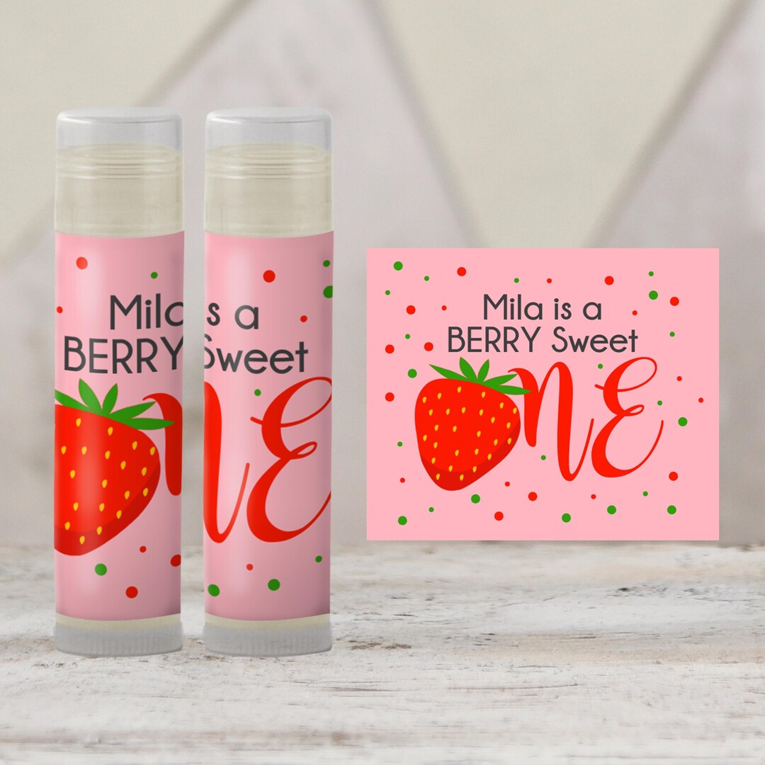 Editable A Berry Sweet One First Birthday Favors | Chapstick Favors ...