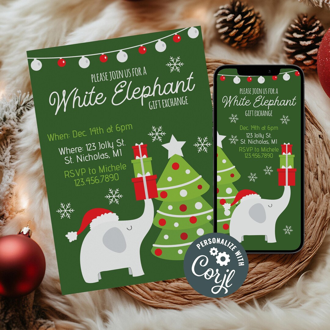 Editable White Elephant Invitation Printable Template Digital Download ...