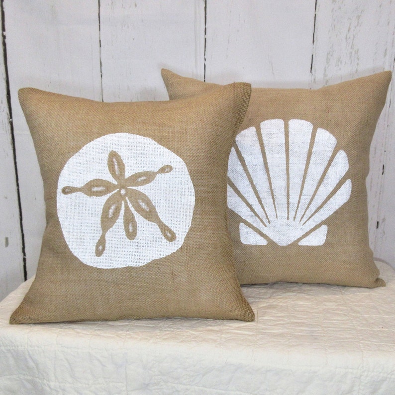 Beach Pillow Sea Shell Pillow Burlap Pillow Stenciled | Etsy
