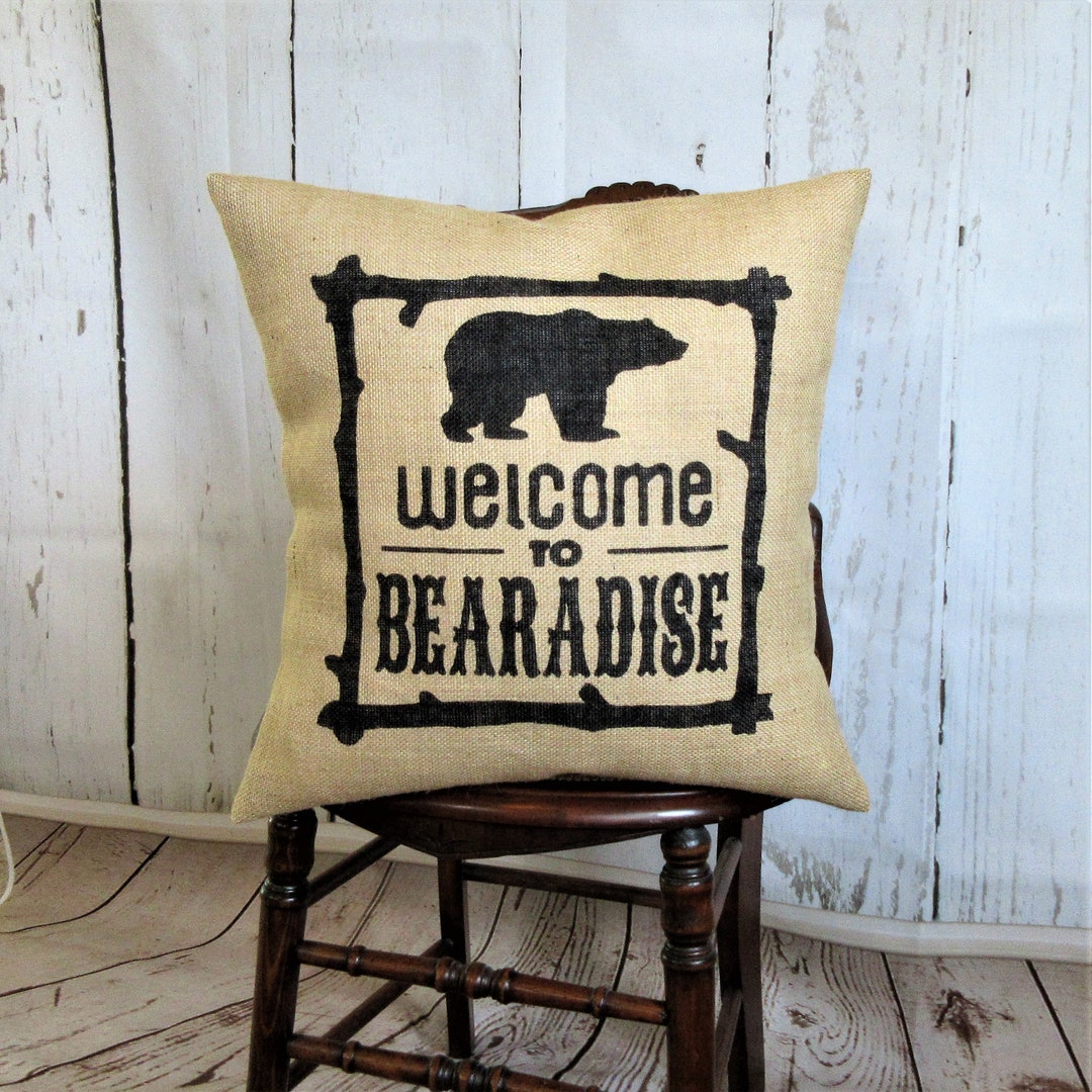 Burlap Bear Pillow Cover: Stenciled Cabin Decor - Etsy