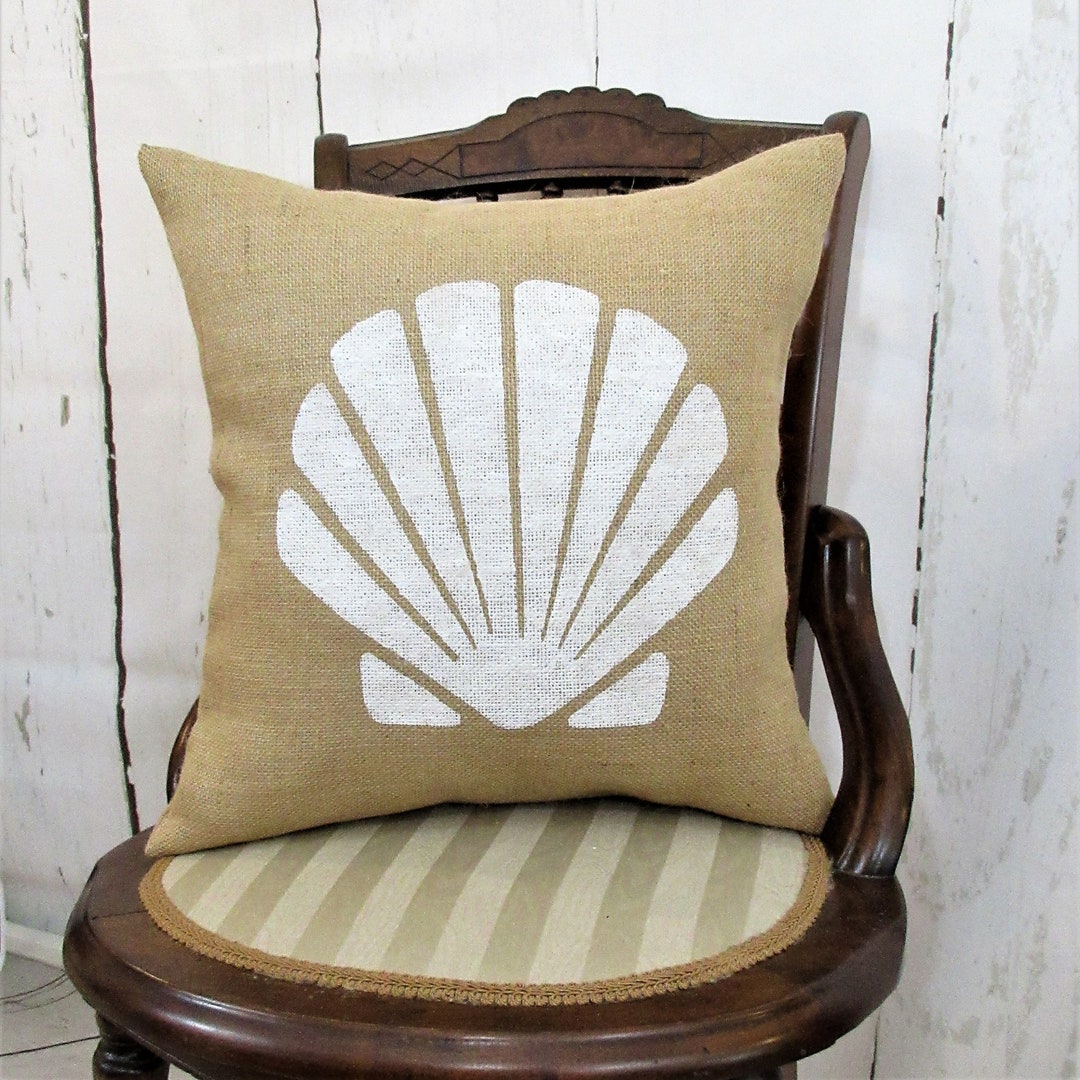 Beach Pillow, Sea Shell Pillow, Burlap Pillow, Stenciled Pillow ...