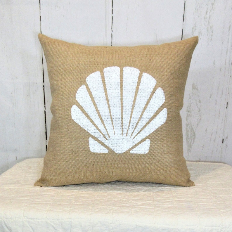 Beach pillow Sea Shell pillow Burlap pillow stenciled | Etsy