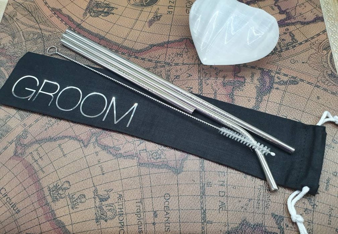 Personalized Silver Metal Straw Set, Engraved Cotton Bag, Eco Friendly ...