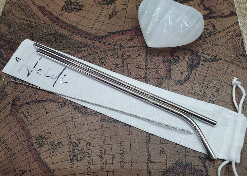Personalized Silver Metal Straw Set, Engraved Cotton Bag, Eco Friendly ...