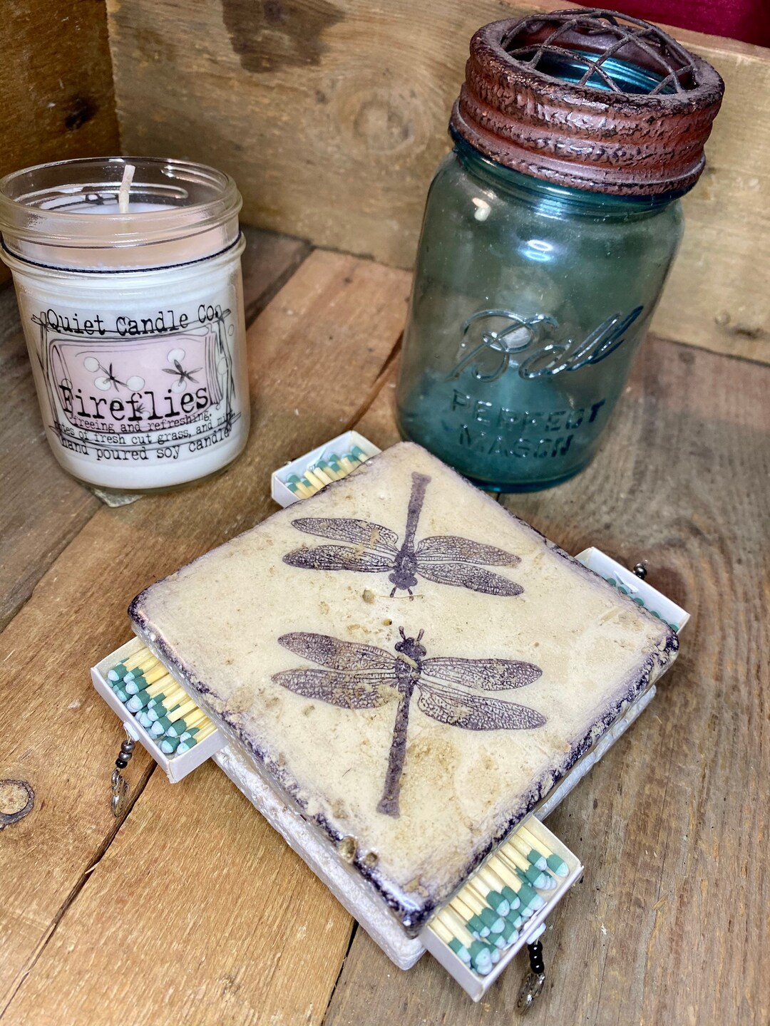 Stone Tile Striker - Candle Coaster, Handmade Matchbox - DRAGONFLIES ...