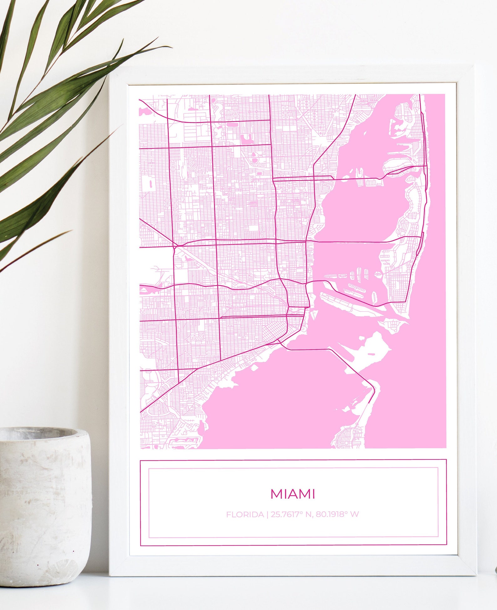 Miami Map, Map of Miami, Pink Miami Map, Miami Poster, Map of Miami ...