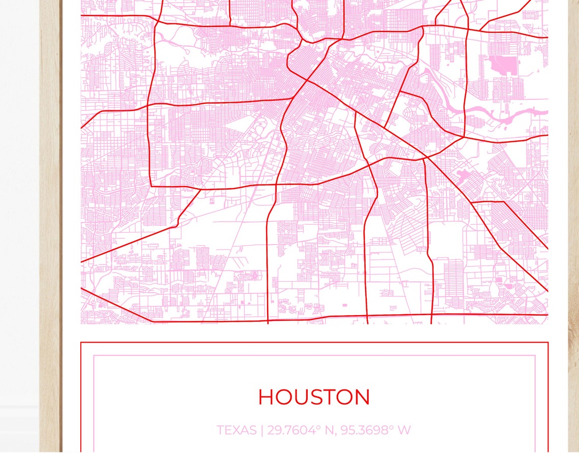 Houston Map, Map of Houston, Pink Houston Map, Houston Poster, Map of ...