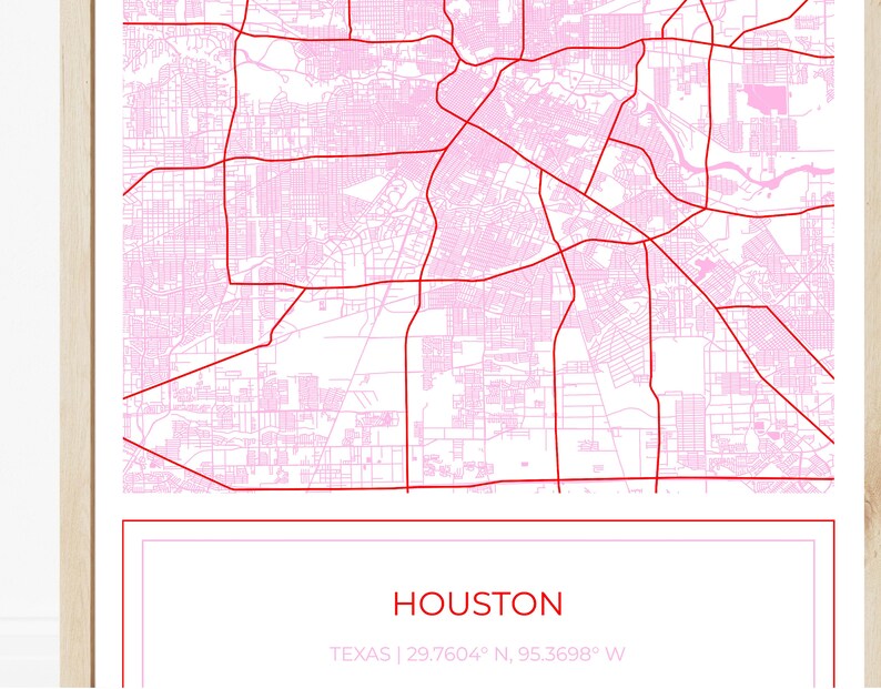 Houston Map, Map of Houston, Pink Houston Map, Houston Poster, Map of ...