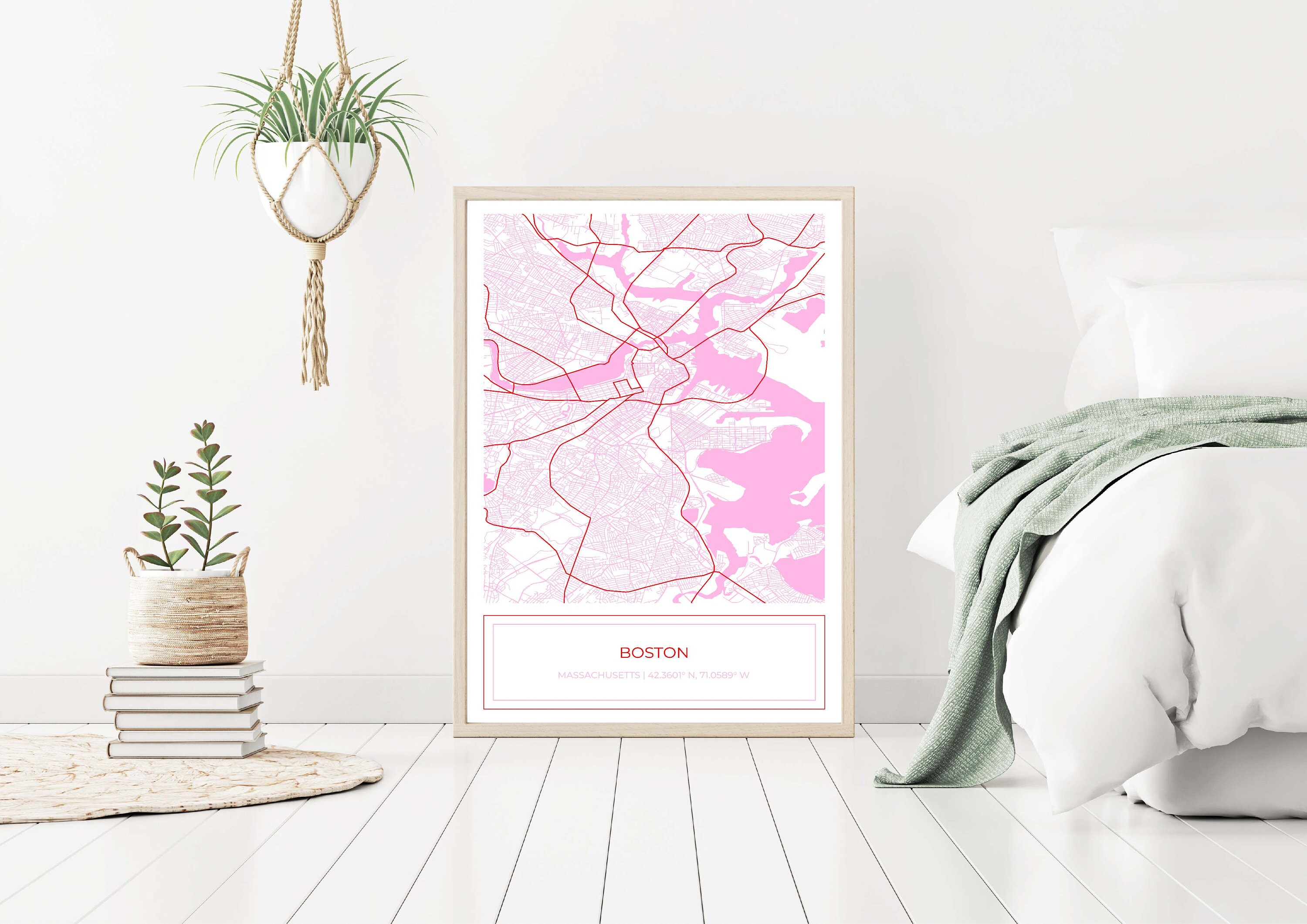 Boston Map, Map of Boston, Pink Boston Map, Boston Poster, Map of ...