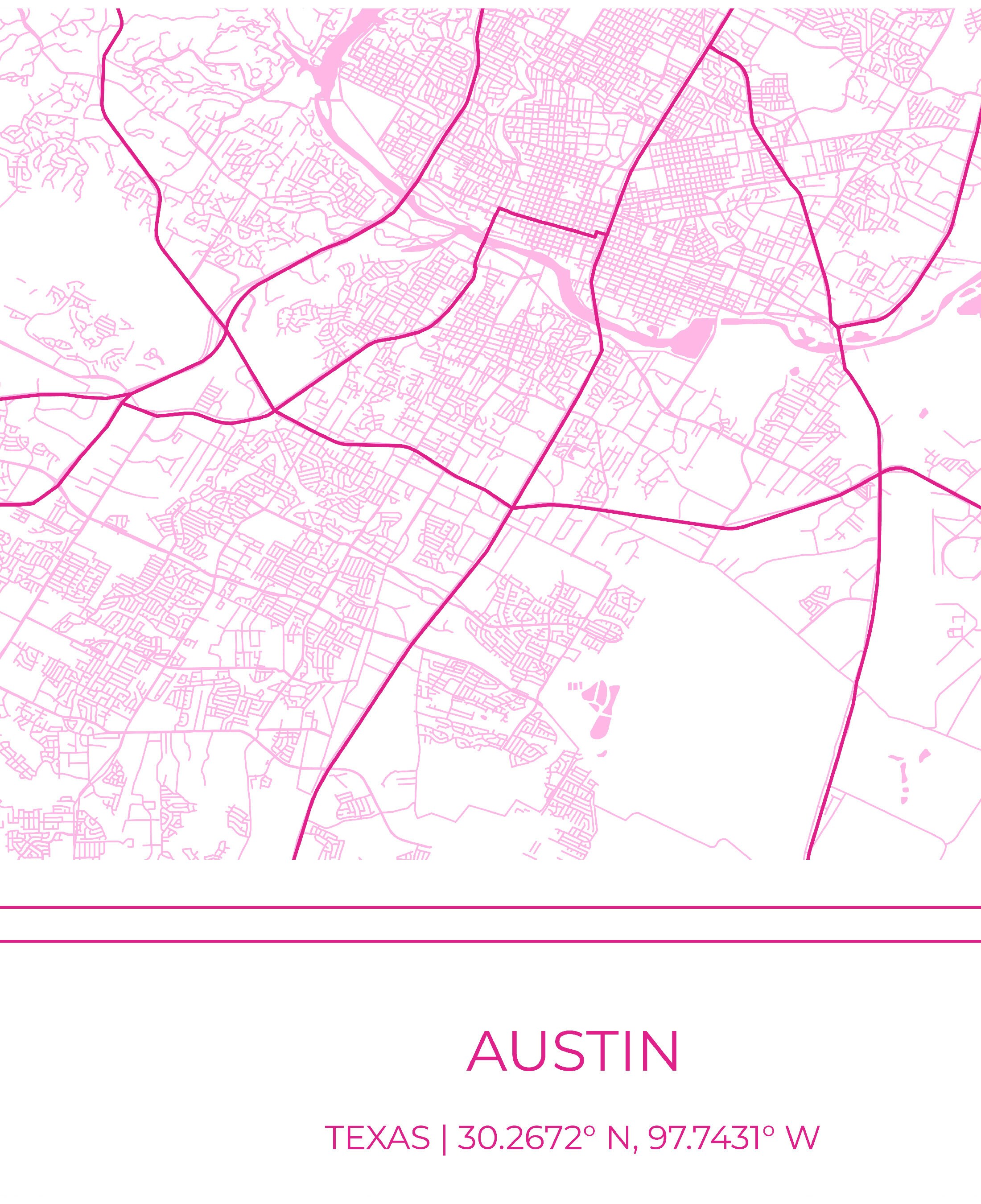 Austin Map, Map of Austin, Pink Austin Map, Austin Poster, Map of ...