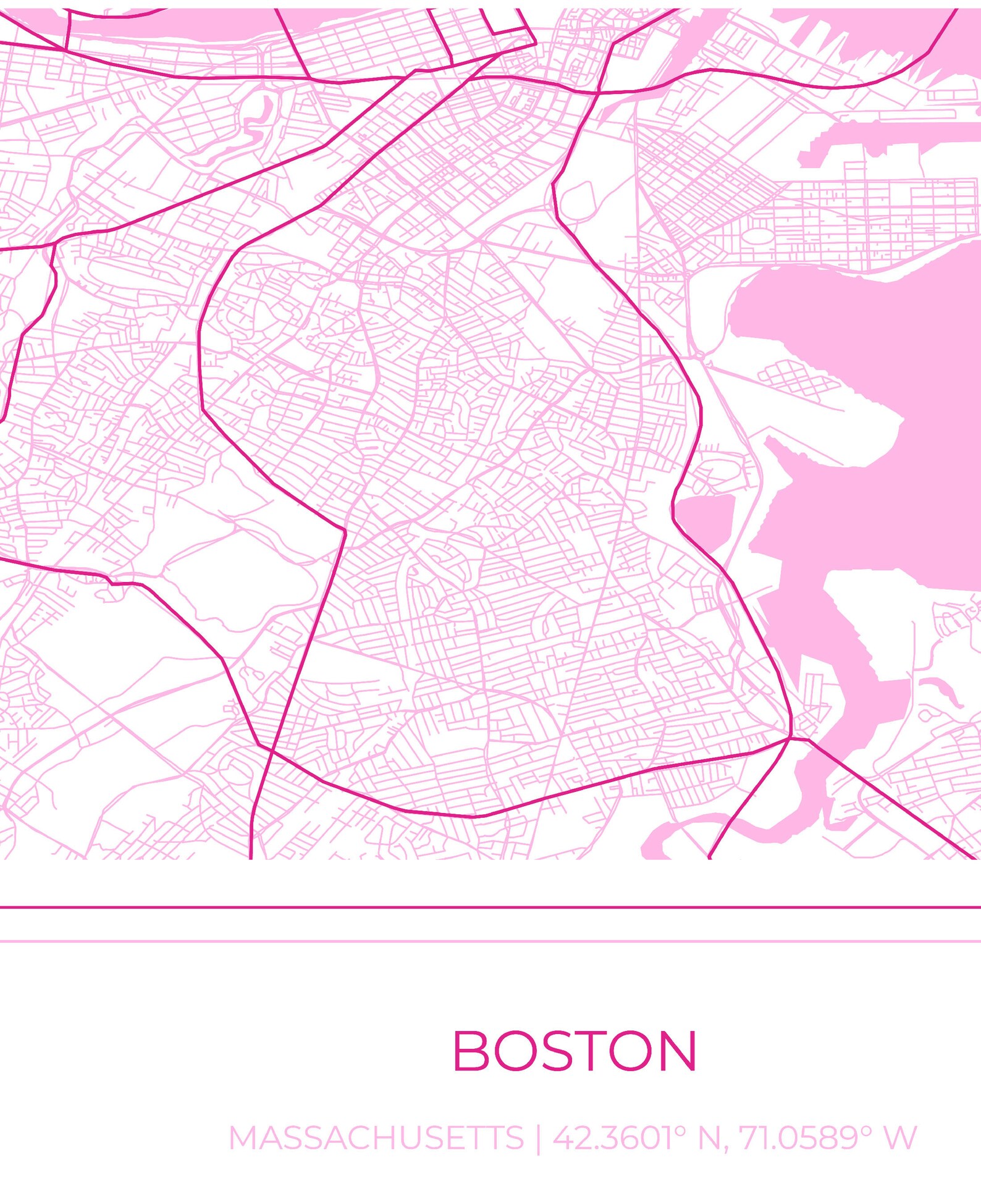 Boston Map, Map of Boston, Pink Boston Map, Boston Poster, Map of ...
