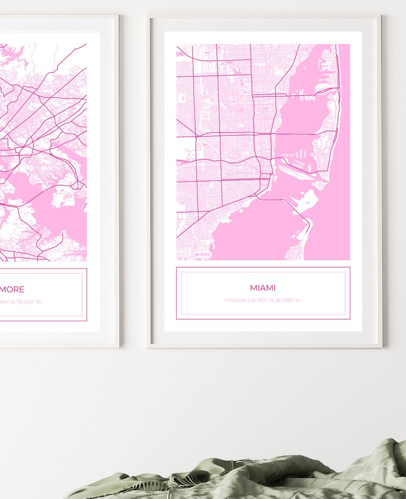 Miami Map, Map of Miami, Pink Miami Map, Miami Poster, Map of Miami ...