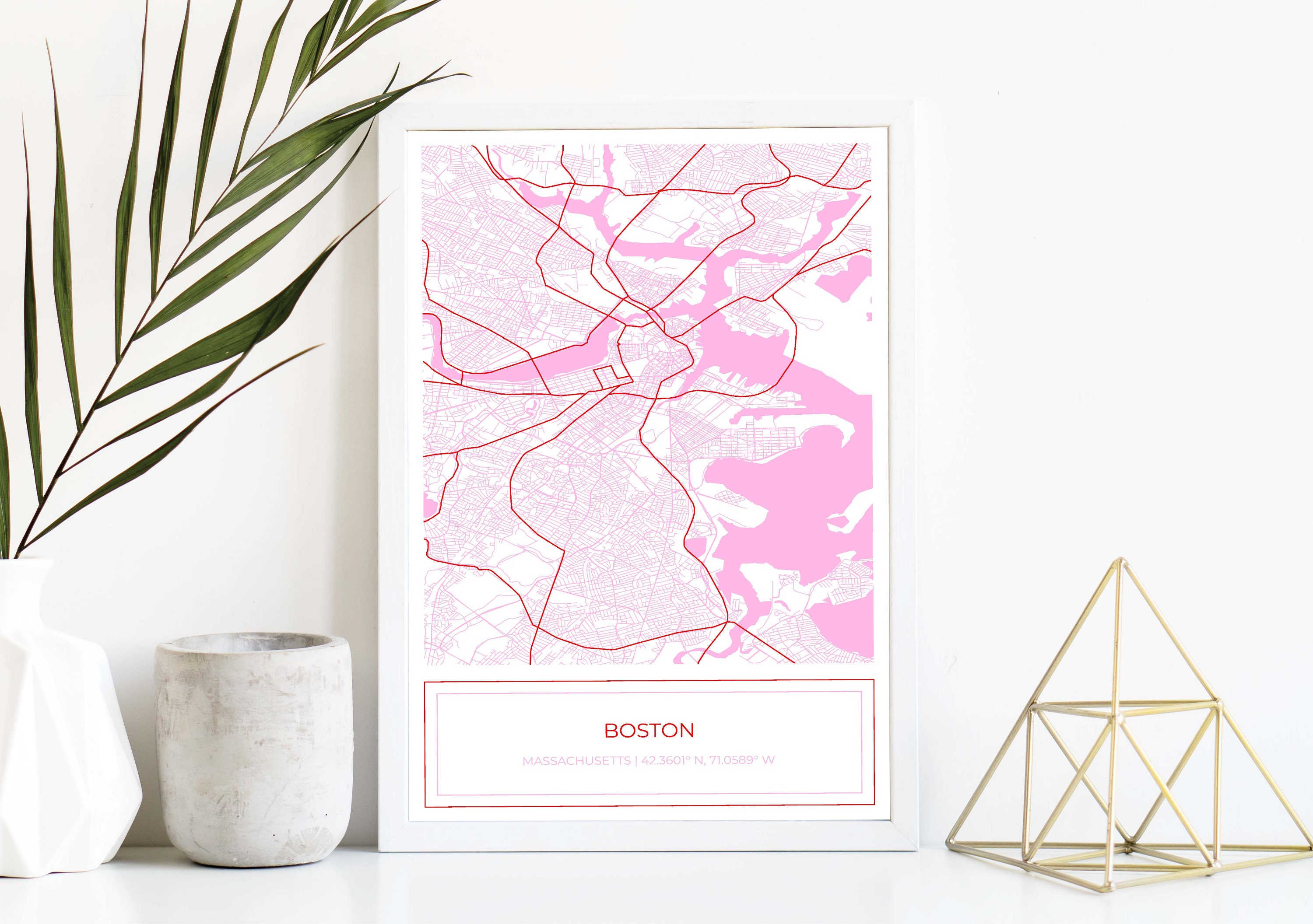 Boston Map, Map of Boston, Pink Boston Map, Boston Poster, Map of ...