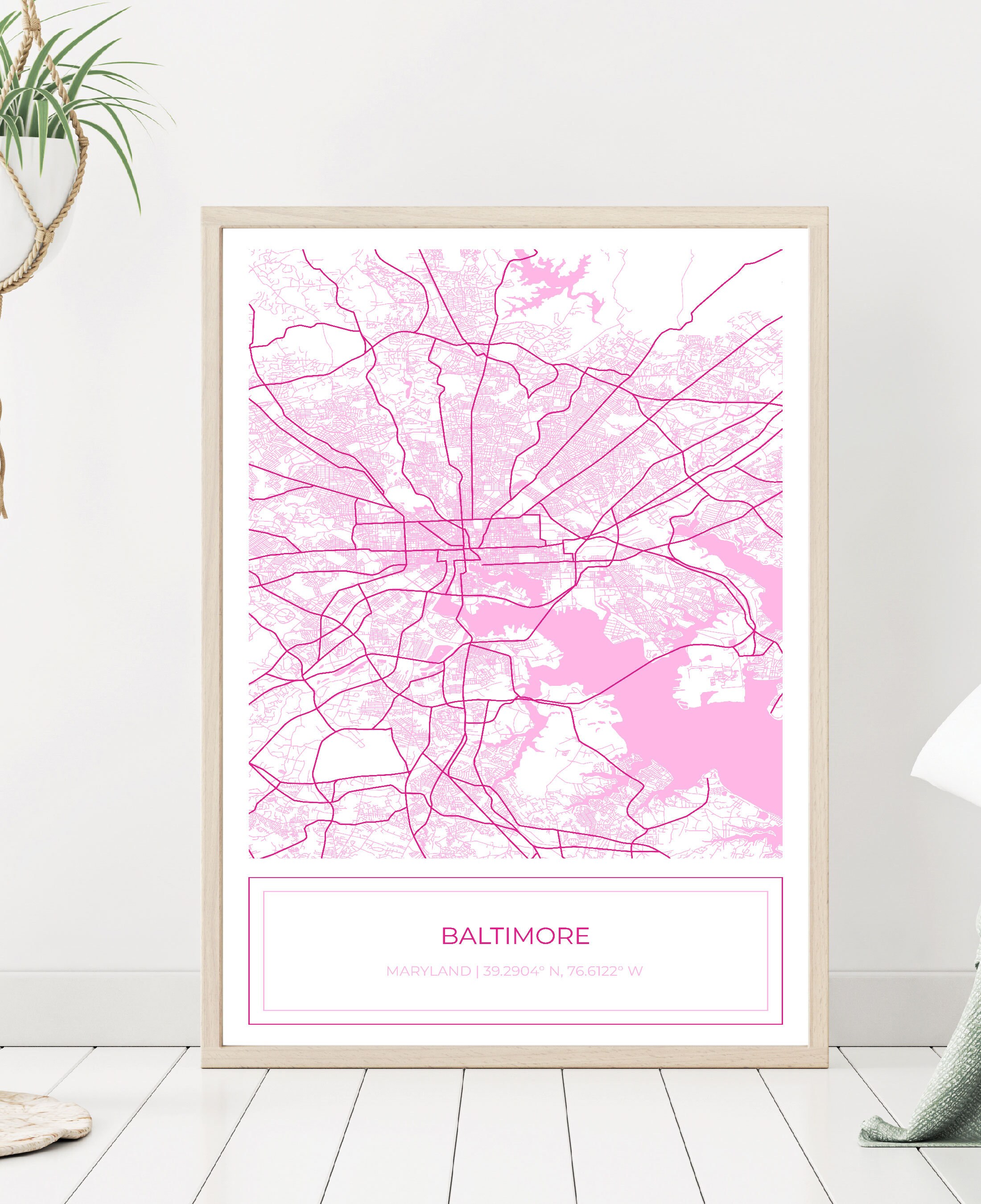 Baltimore Map, Map of Baltimore, Pink Baltimore Map, Baltimore Poster ...