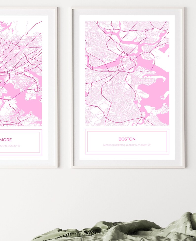 Boston Map, Map of Boston, Pink Boston Map, Boston Poster, Map of ...